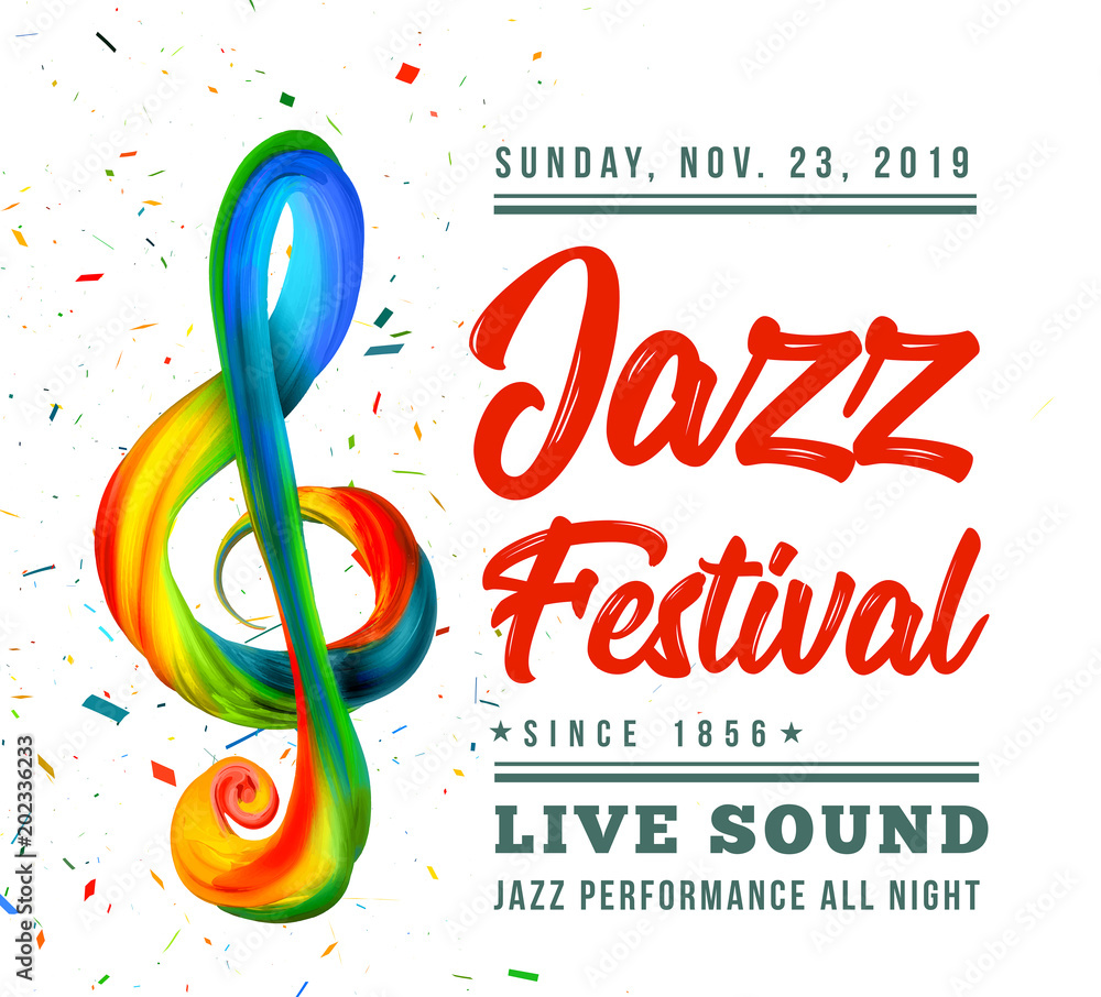 Jazz festival poster template with a treble clef and text on a black ...