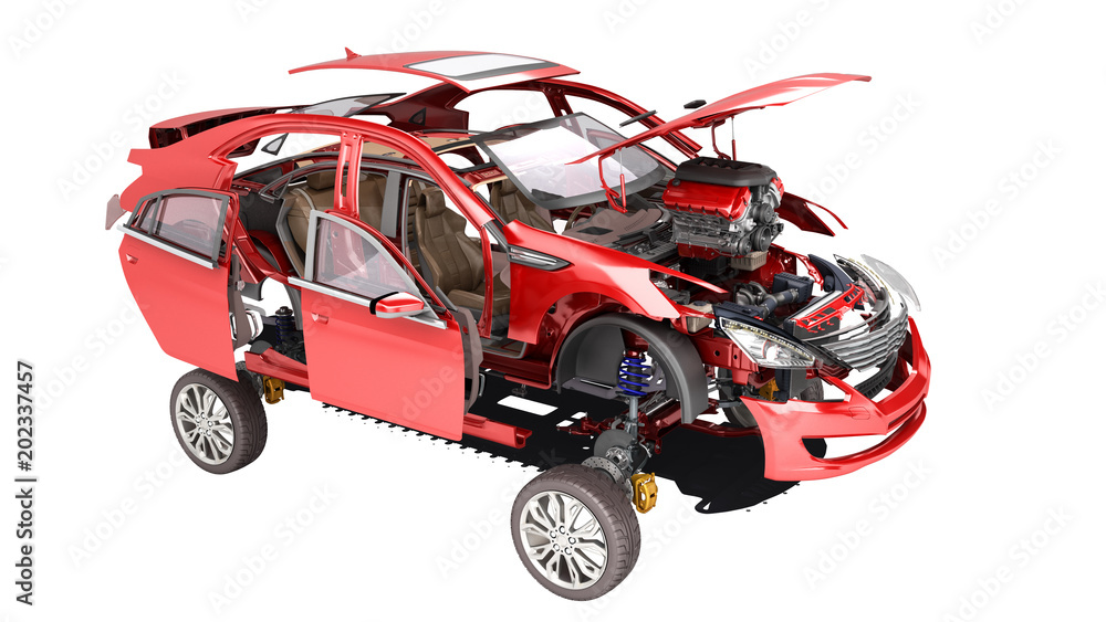 Modern concept of auto repair work Details of the red car on a white ...