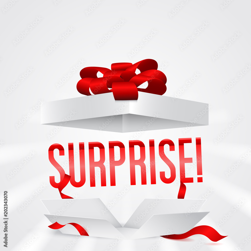 Open gift box with SURPRISE! text. vector de Stock | Adobe Stock