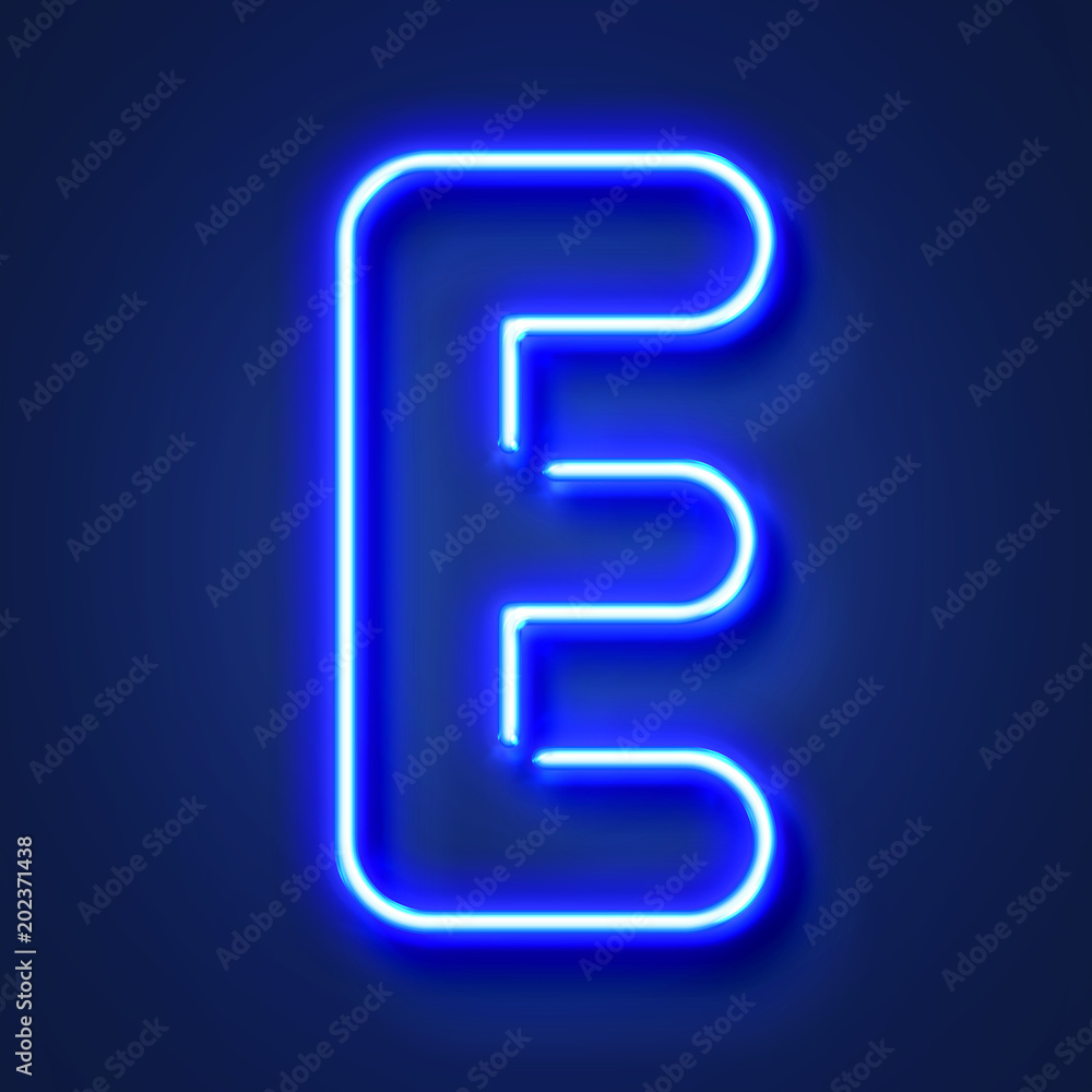 Letter E realistic glowing blue neon letter against a blue background ...
