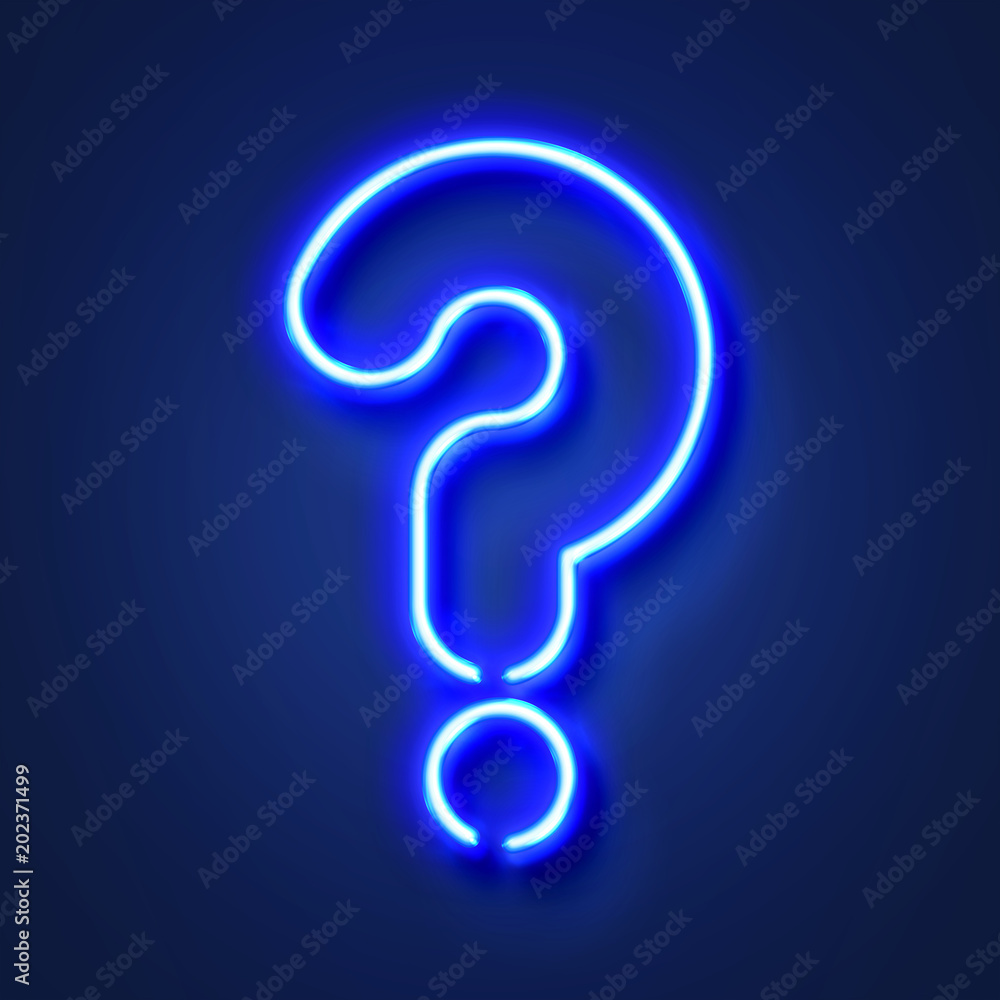 Question mark realistic glowing blue neon letter against a blue ...