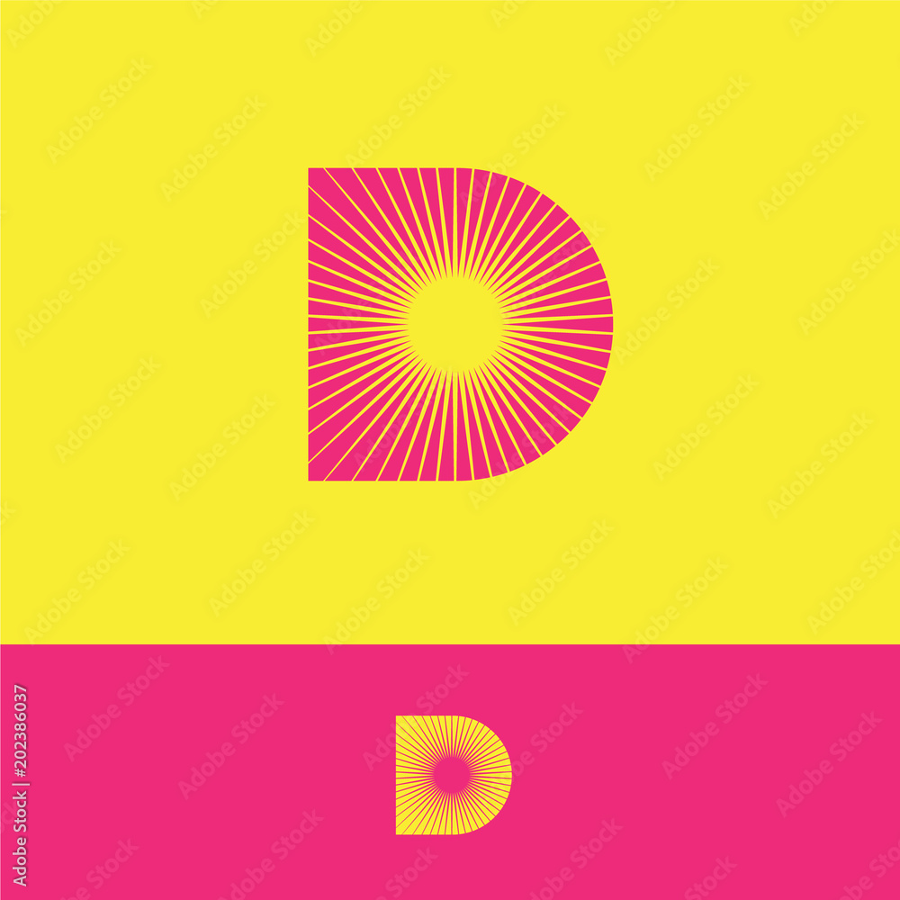 D logo with sunrays. D monogram. Sun and pink letter D on yellow ...