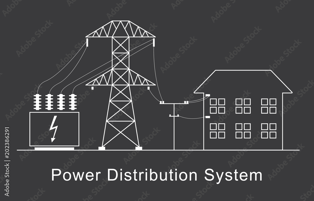 Power distribution system. White linear simple design on dark grey ...