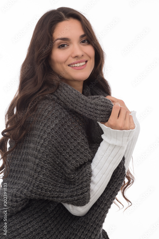 Nice smiling brunette model in gray cardigan. Fashion concept. Mid age ...