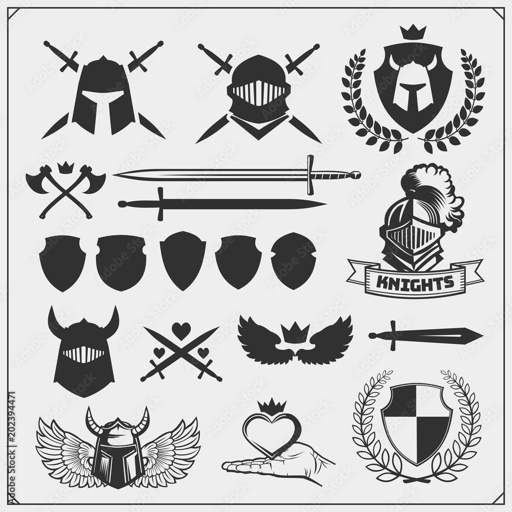 Vector set of medieval warrior knight emblems, logos, labels, badges ...