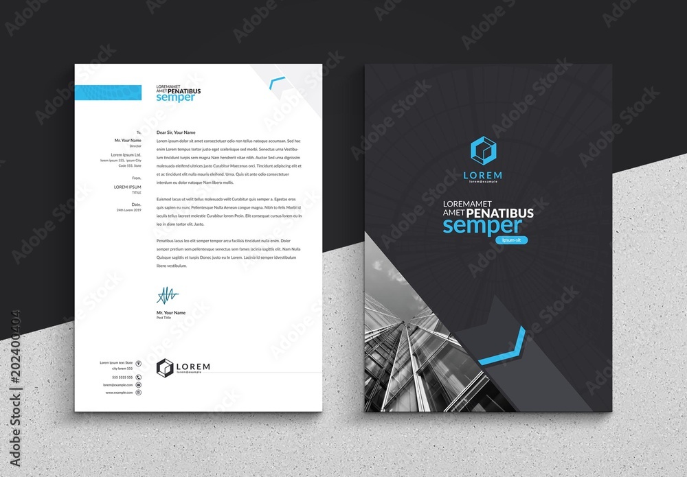 Blue and Dark Gray Letterhead Layout with Compass Illustration Stock ...