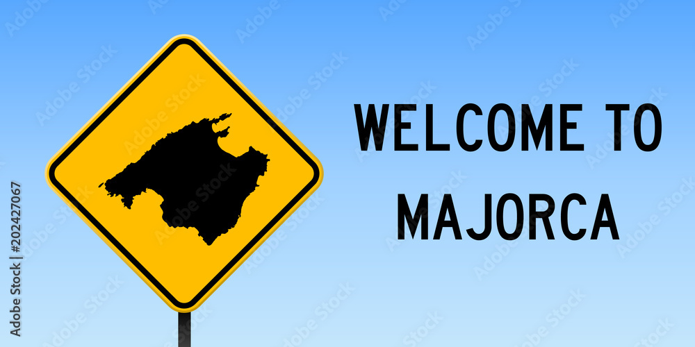 Majorca map on road sign. Wide poster with Majorca island map on yellow ...