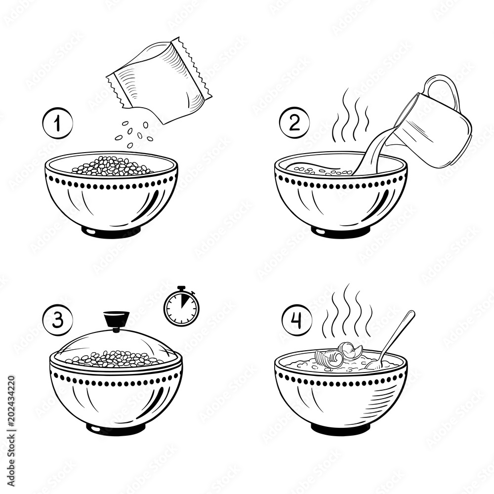 Steps how to cook porridge. Vector illustration. Stock Vector | Adobe Stock