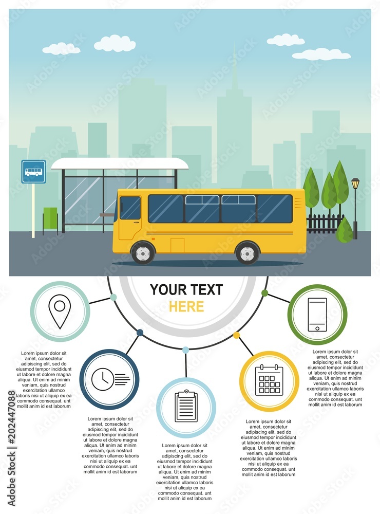 Yellow Bus at the bus stop on background of city, Transport infographic ...