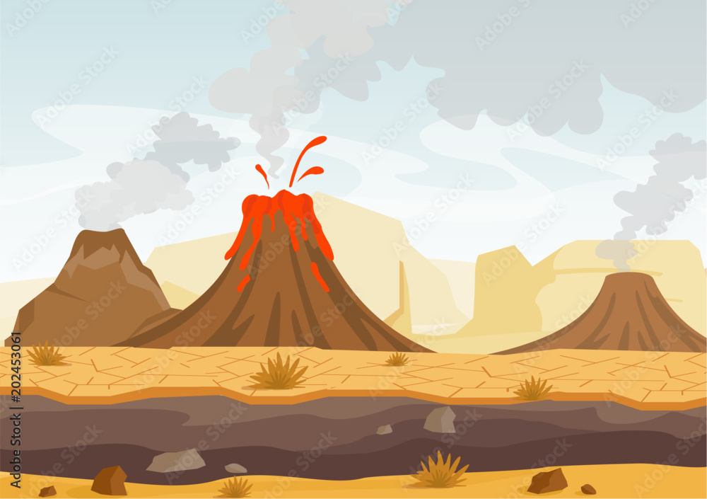 Vector illustration of prehistoric landscape with volcano eruption ...