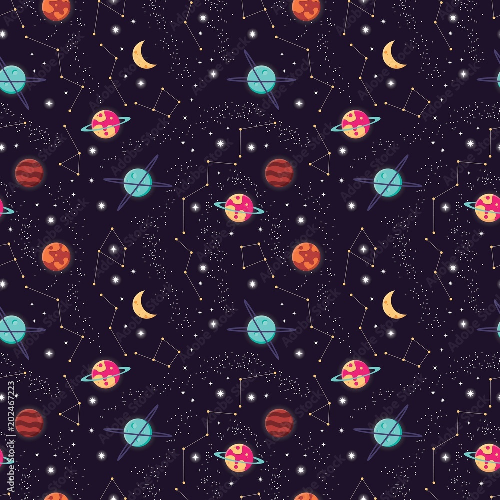 Universe with planets and stars seamless pattern, cosmos starry night ...