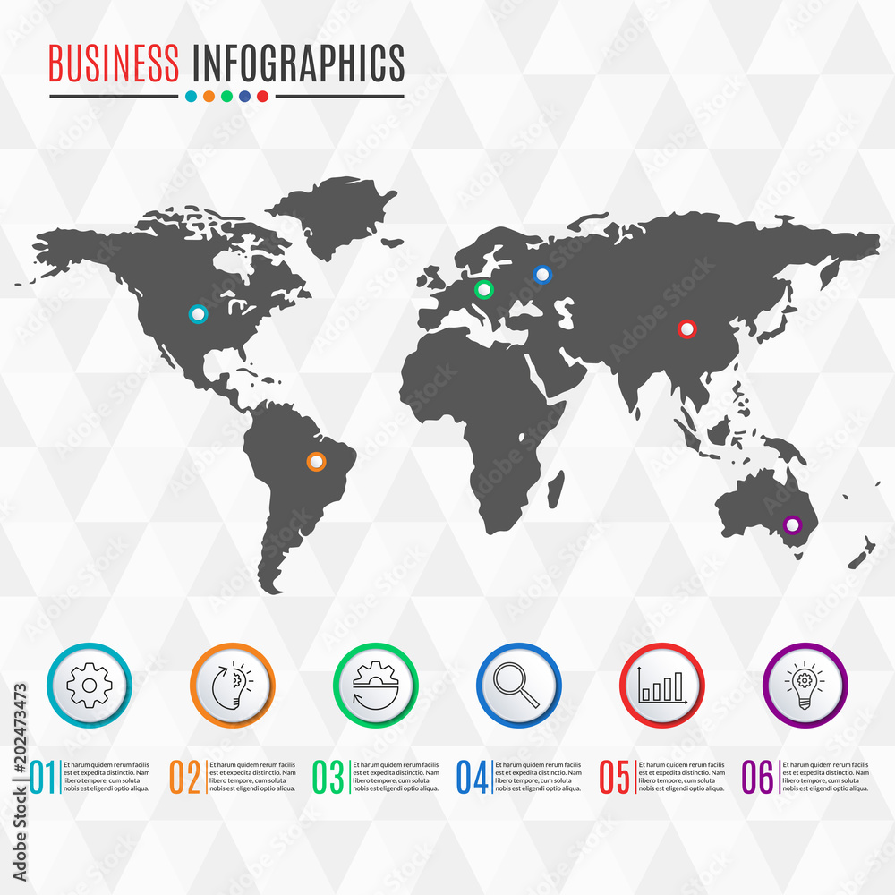 World map infographics template. 6 steps, options, levels, parts, or ...