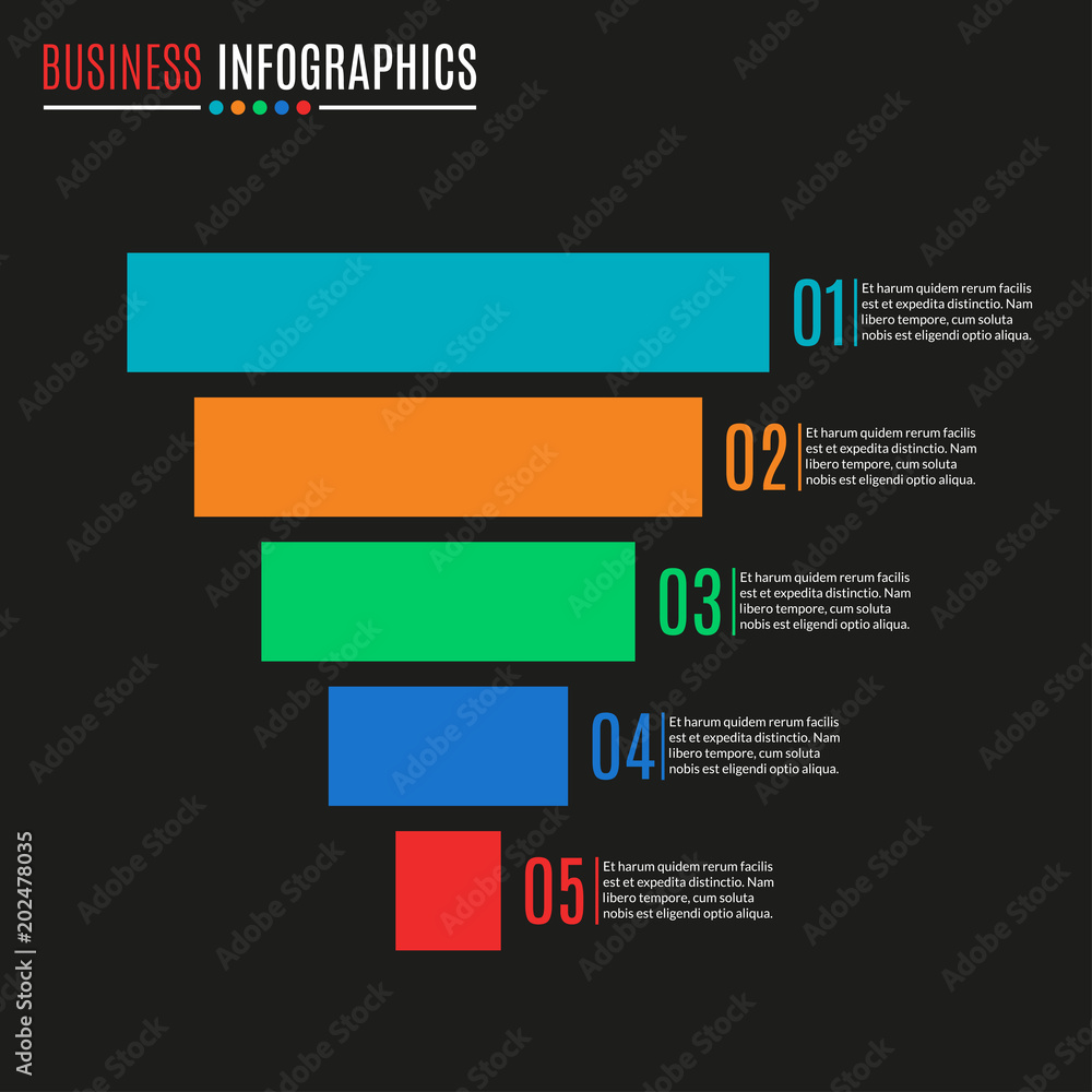 Funnel symbol. Business pyramid or cone with 5 steps, options or levels ...