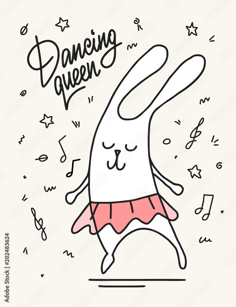 Cartoon bunny dancing like a dancing queen. Cute funny vector animal ...