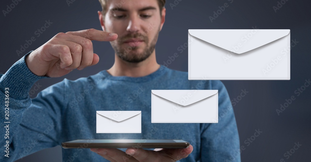 Envelope letter messages and man using tablet Stock Photo | Adobe Stock
