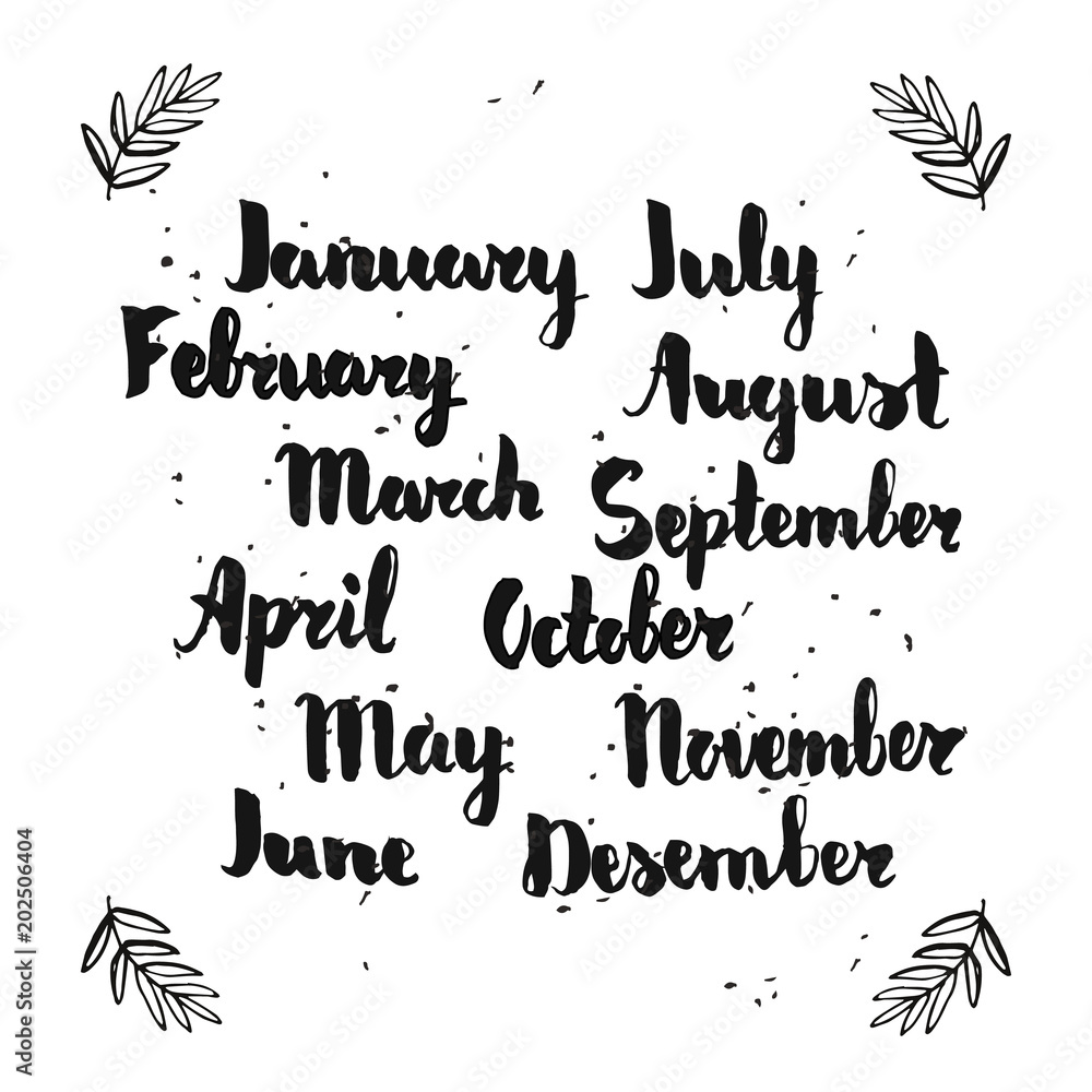 Hand written names of months. Hand lettering for calendar or planner on ...