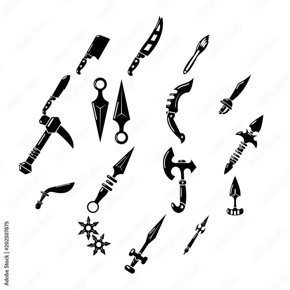 Steel arms items icons set. Simple illustration of 16 steel arms items ...