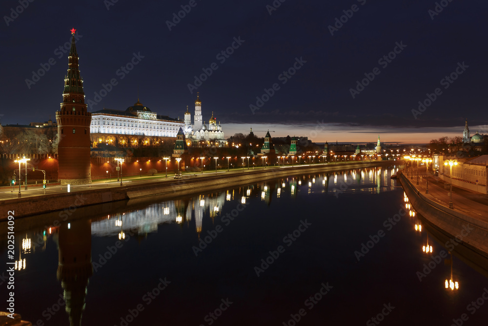 View of Moscow Kremlin at night from the Bol'shoy Kamennyy bridge Stock ...