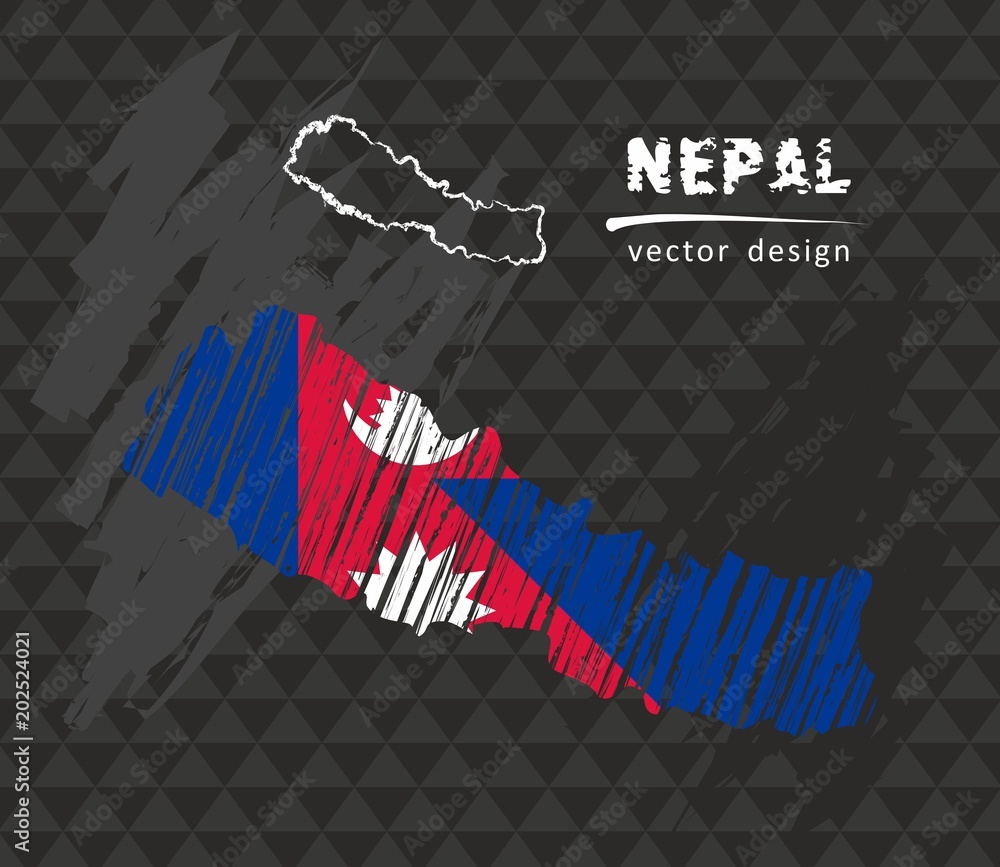 Nepal map with flag inside on the black background. Chalk sketch vector ...