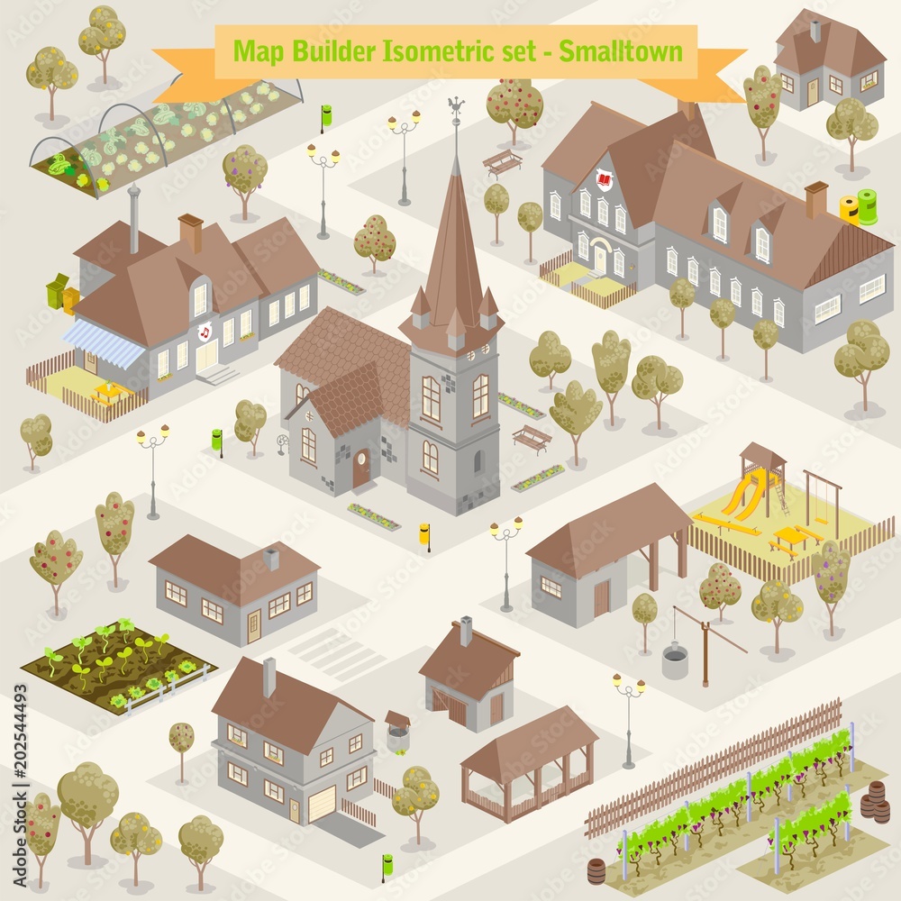 Map builder isometric set in vector format illustration of a small town ...