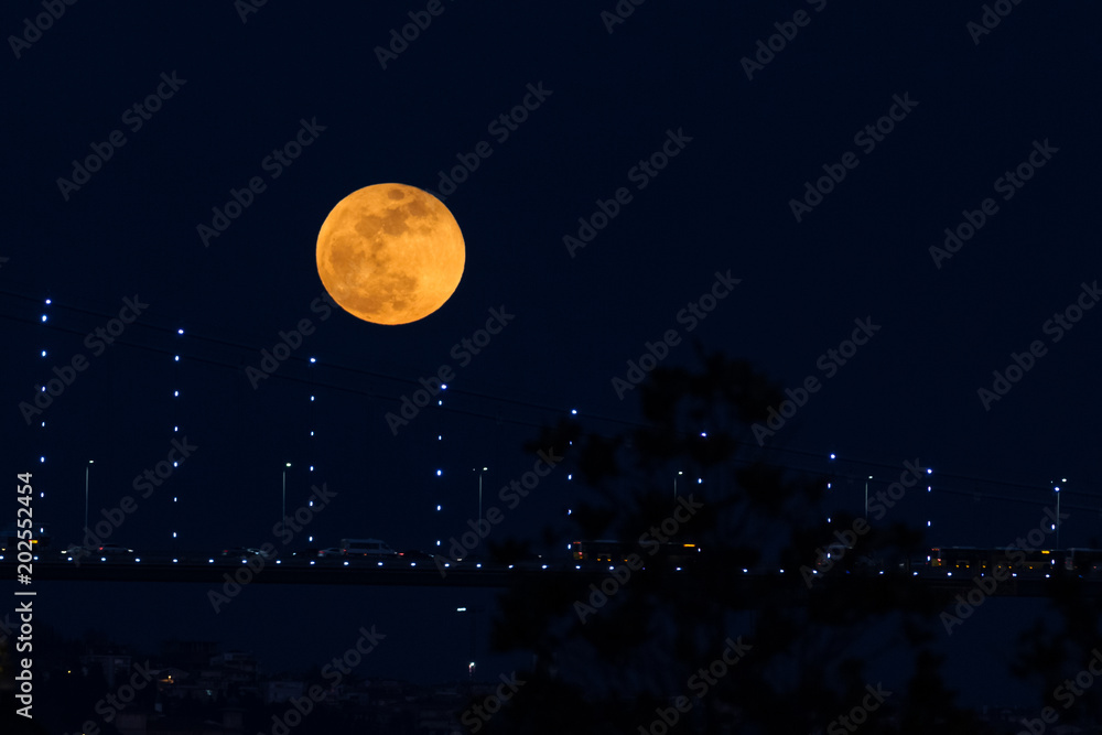 Super Blue Blood Moon Behind Bosphorus Bridge in Istanbul, Turkey Stock ...