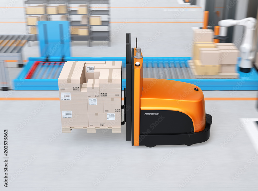 Side view of autonomous forklift carrying pallet of goods in modern ...