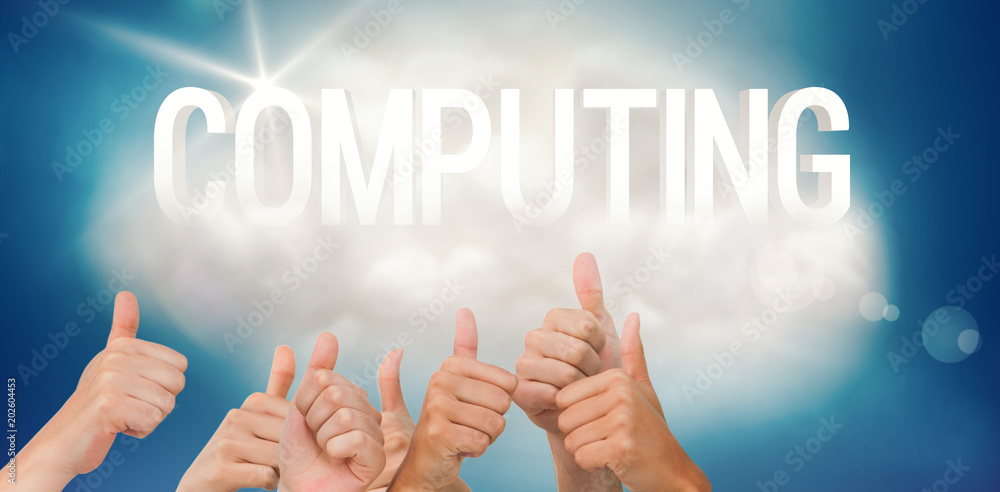 Hands giving thumbs up against computing on a floating cloud Stock ...