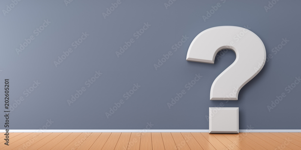 Large white question mark leaned against the wall. 3d render ...