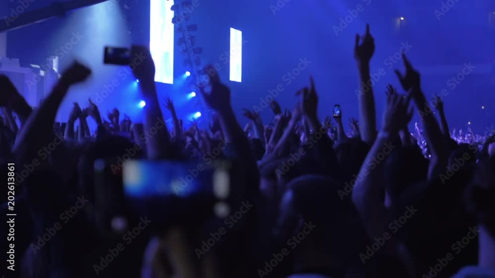Excited fans at the concert. Crowd of unidentified people dancing to ...
