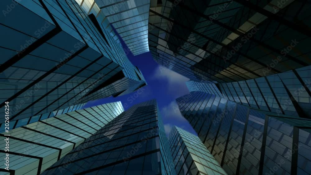 3D animation of Skyscrapers on the background of sunny sky, moving sun ...