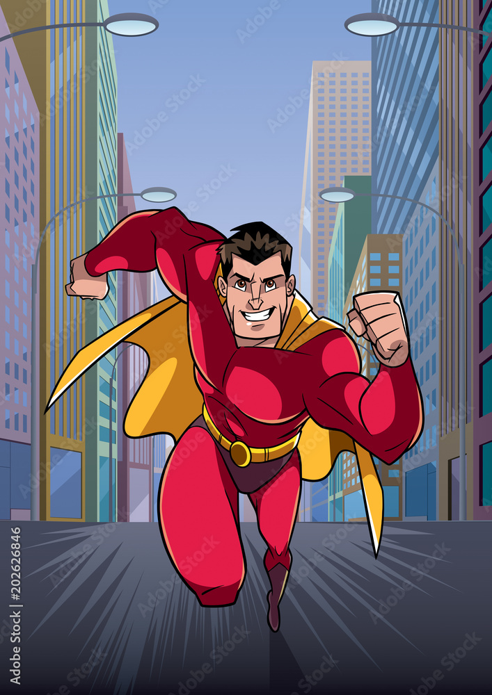 Cartoon illustration of powerful and muscular superhero running fast ...