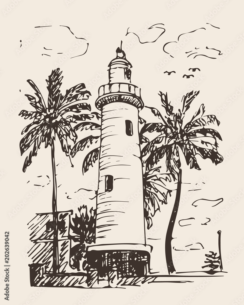 Hand drawn illustration of lighthouse with palm trees. Drawing sea ...