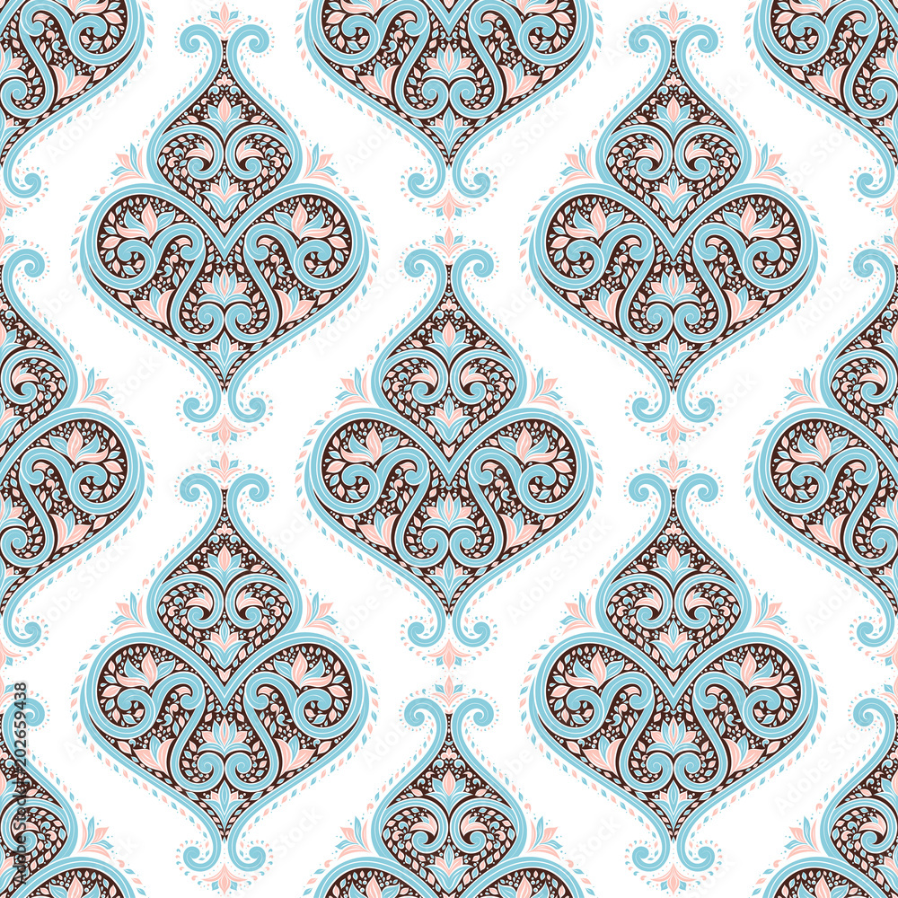 Pink, blue and brown floral seamless pattern on a white background ...