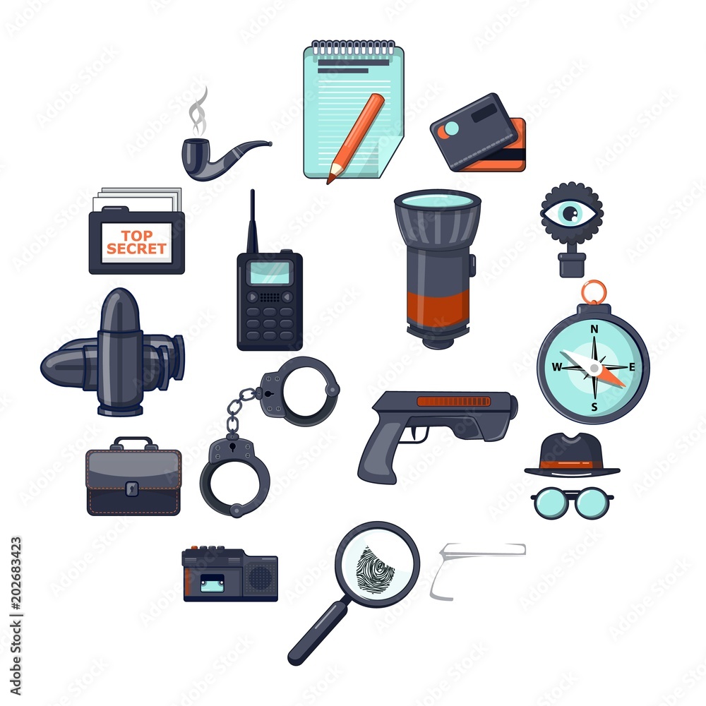 Spy icons set secret investigation. Cartoon illustration of 16 spy ...