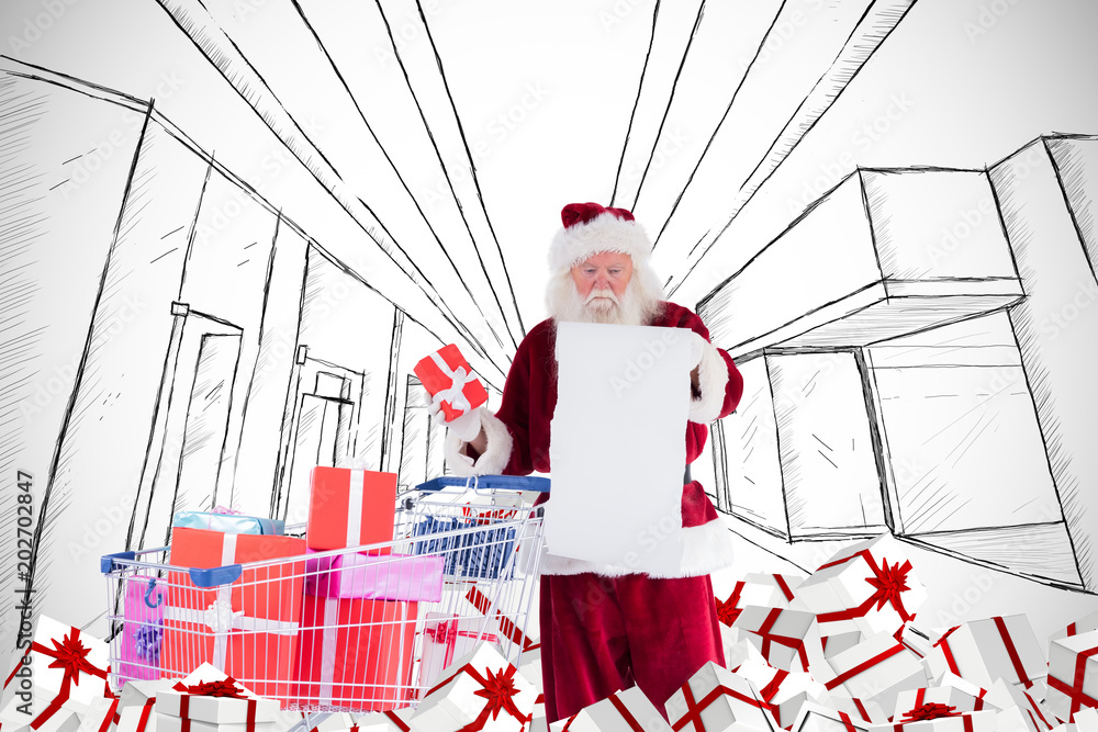 Santa delivering gifts from cart against white background with vignette ...