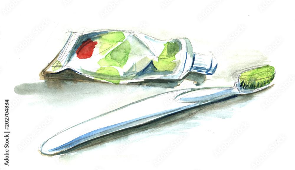 Sketch of White green toothbrush and tube of toothpaste. True ...