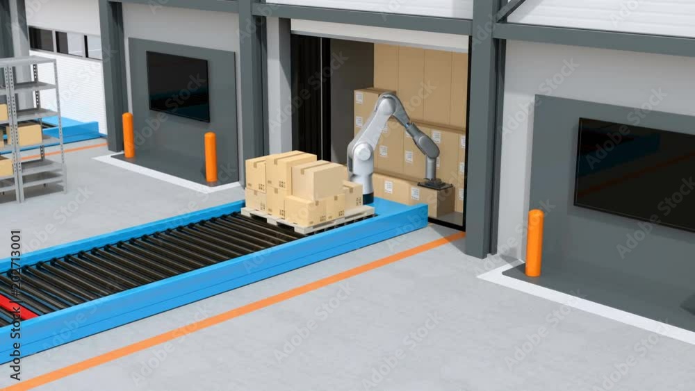 Industrial robot unloading parcels from semi truck. Autonomous forklift ...