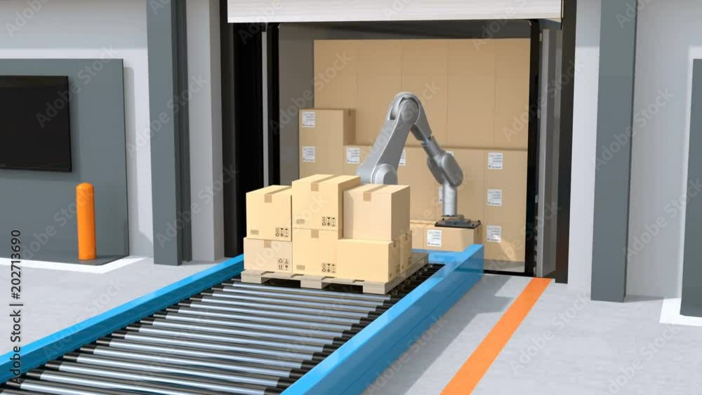 Industrial robot unloading parcels from semi truck. Automatic Guided ...