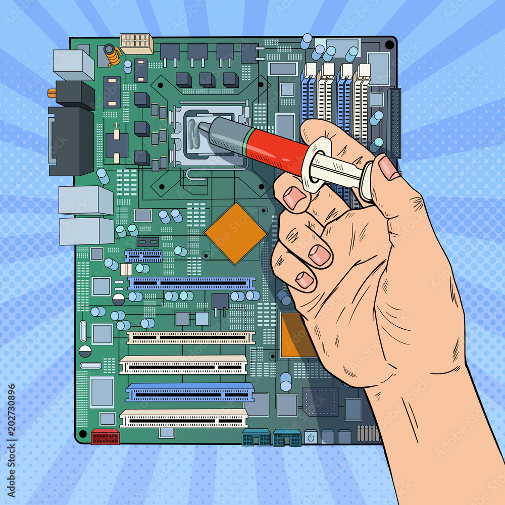 Pop Art Male Hand of Computer Engineer Repairing CPU on Motherboard ...