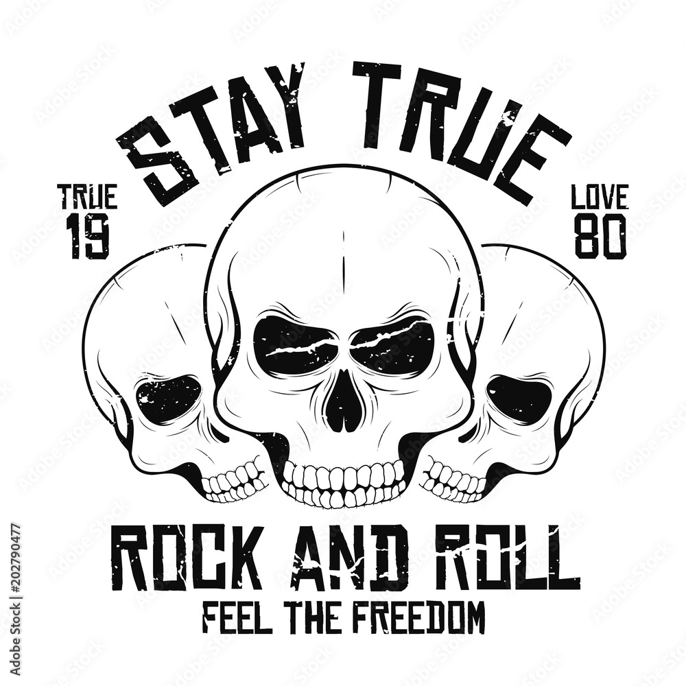 Rock and roll t-shirt graphic design with skulls. Rock music slogan for ...