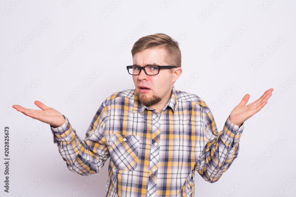 Young emotional surprised, frustrated and bewildered man. Human ...