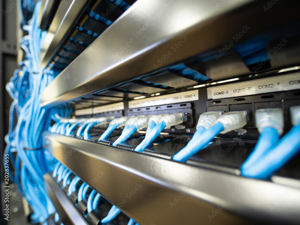 Network ethernet cables and path panel in rack cabinet foto de Stock ...