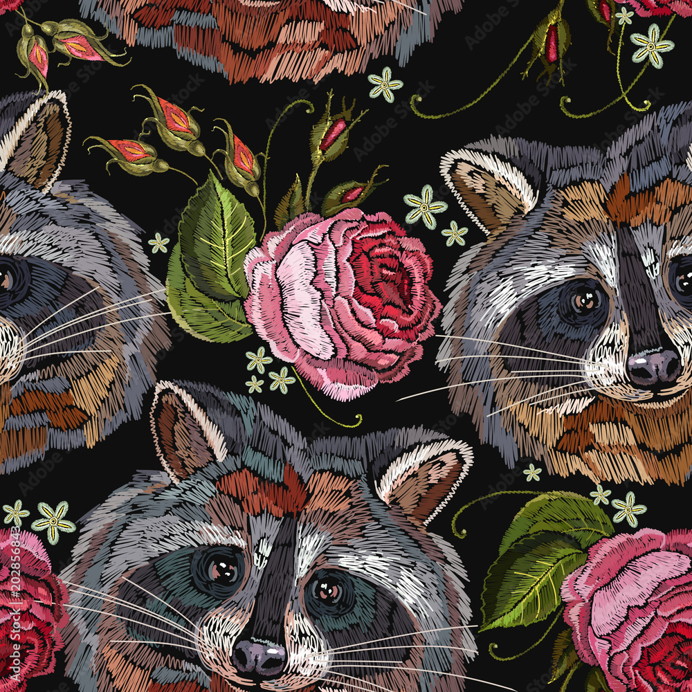 Raccoon head and roses embroidery seamless pattern. Classical ...