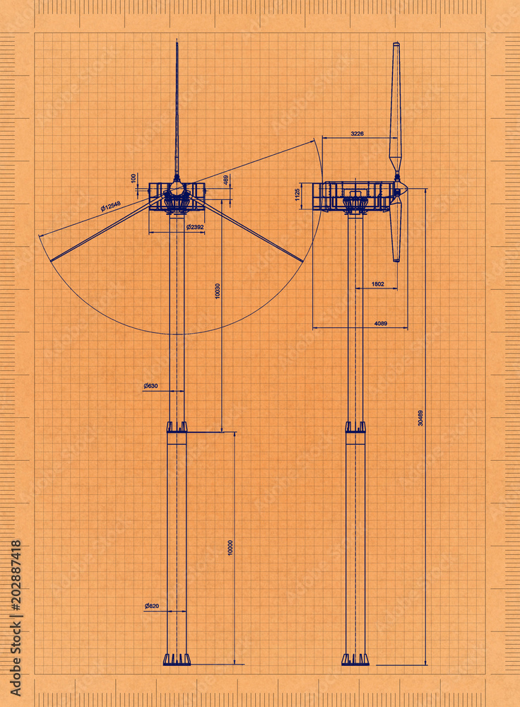 Wind Turbine - Retro Blueprint Stock Photo | Adobe Stock