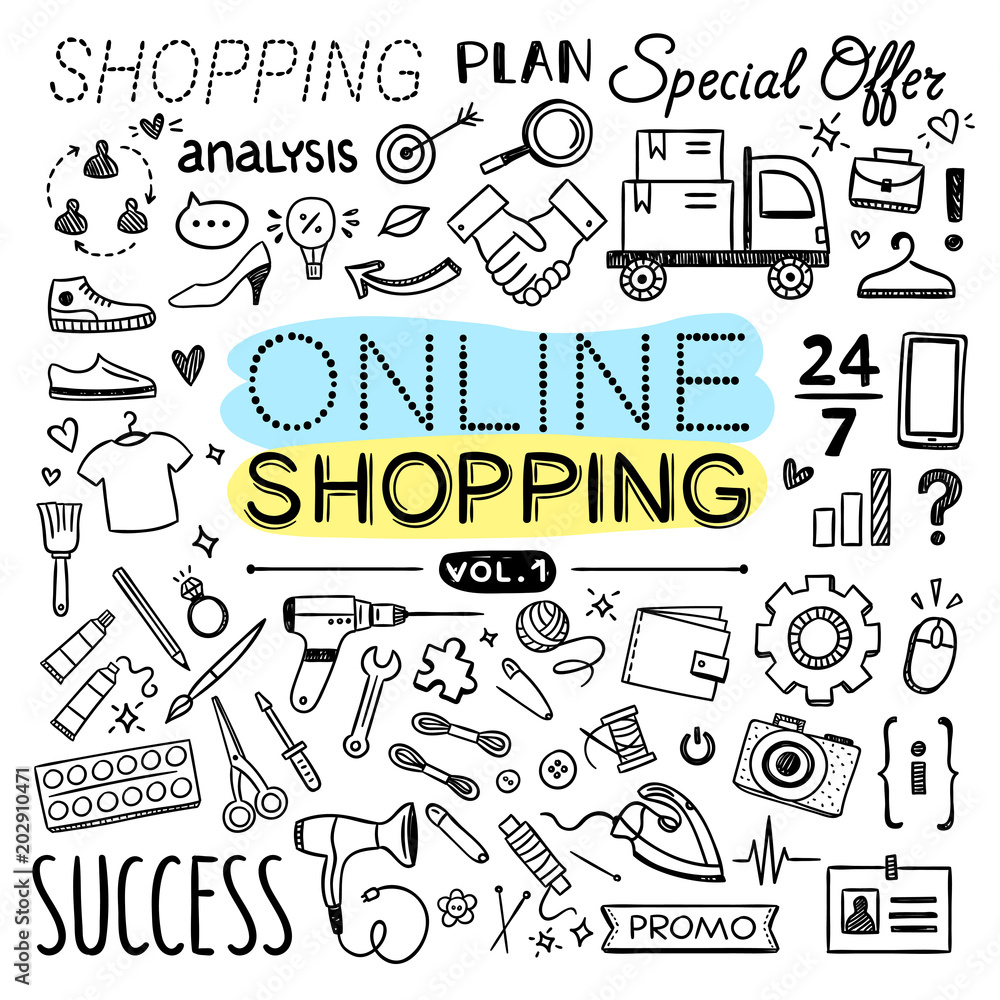 Online shopping hand drawn vector icons. E-commerce doodle ...