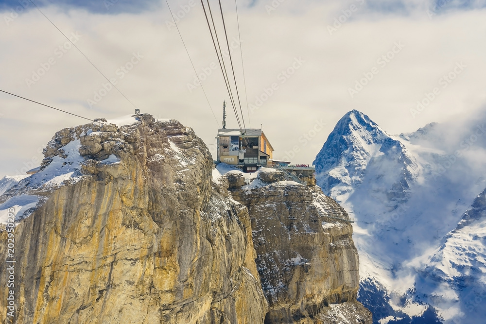 MURREN, SWITZERLAND - APRIL 12, 2018: Upper station Birg in swiss alps ...
