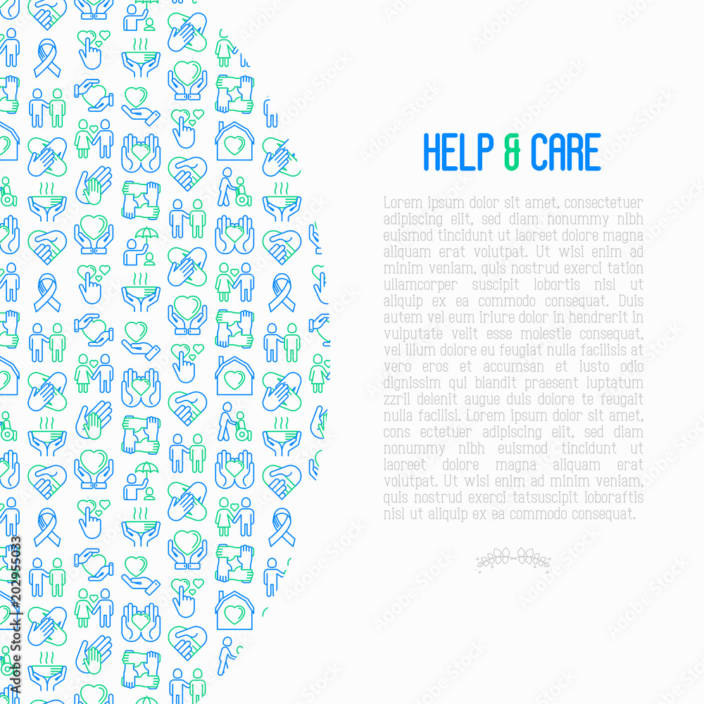Help and care concept with thin line icons: symbols of support, help ...