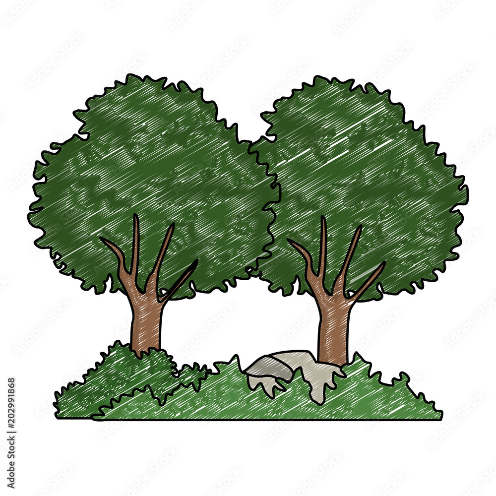 Trees with bushes and rocks vector illustration graphic design Stock ...