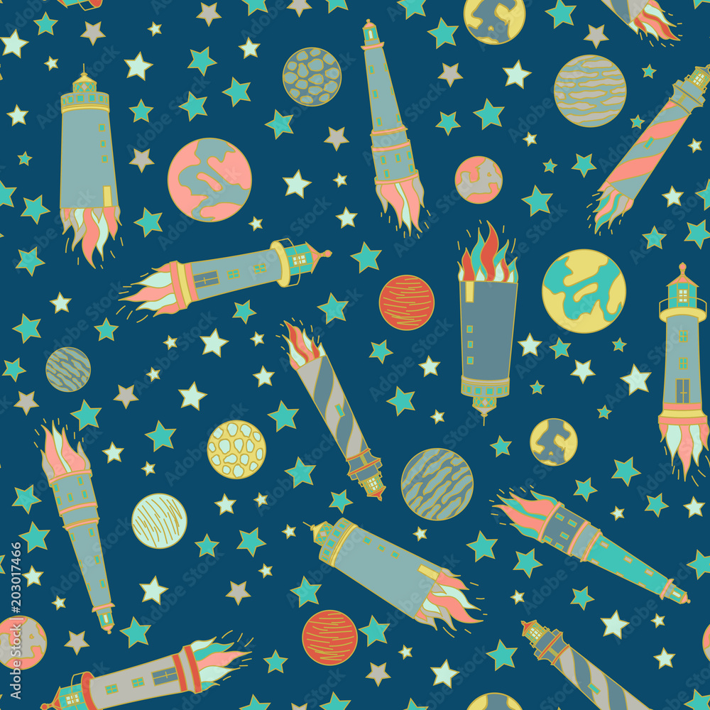 seamless pattern for journey to space with sketch stars, rocket, comets ...