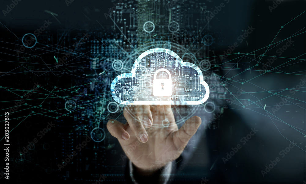 Businessman touching Cloud with Padlock icon on network connection ...